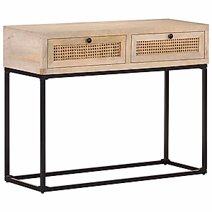QJBSAVVA Console Table 39.4"x13.8"x29.9" Solid Mango Wood and Natural Cane,Large Space Dresser Entry Tables Narrow end Table Couch Table Suitable for Home, Office, Bedroom, Meeting Room