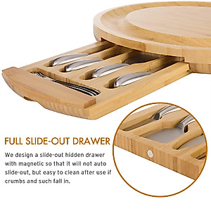 WoneNice Oval Cheese Board Set with Hidden Cutlery Drawer and 4 Stainless Steel Knife & 4 Cheese Forks, 16X13 inches Extra Spaces Serving Board, Gifts for Christmas, Birthday/Parties, Wedding/Annivers