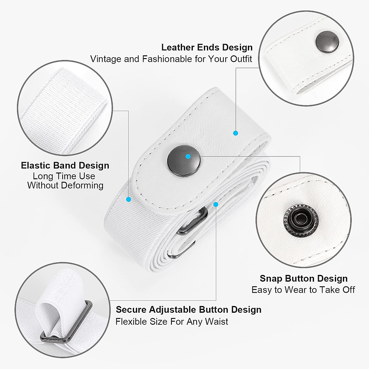 WHIPPY Buckle Free Comfortable Elastic Belt for Women or Men, Buckle-less No Bulge No Hassle Invisible Belts, White, L