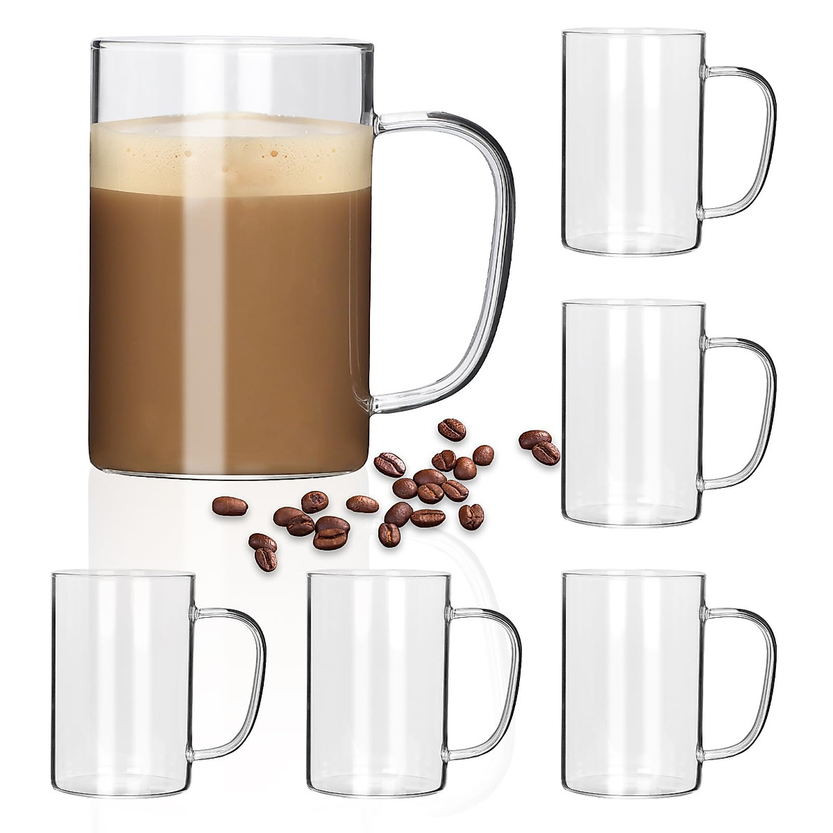Trwcrt 15 oz Glass Coffee Mug Set of 6, Clear Coffee Mugs with Handle for Hot Beverages, Large Wide Mouth Glass Cup for Latte, Cappuccino, Hot Chocolate, Tea and Juice