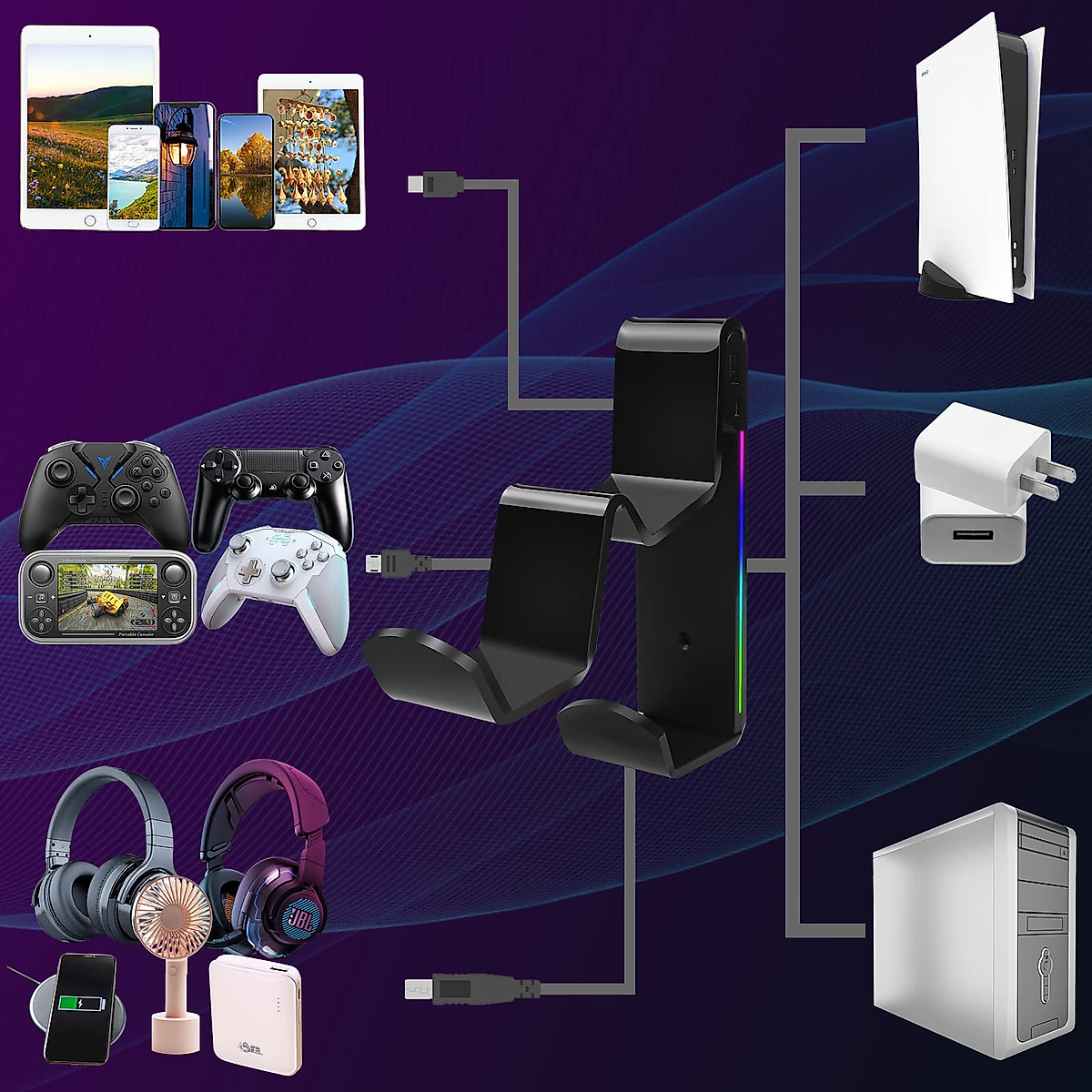 ArtCWK RGB Dual Game Controller & Headphone Holder Charger with 10 Light Modes and 2 USB Charging Port, Wall Mount Stand Charger for Xbox PS5 PS4 PS3 Xbox Switch, for All Universal Gamepad & Headsets