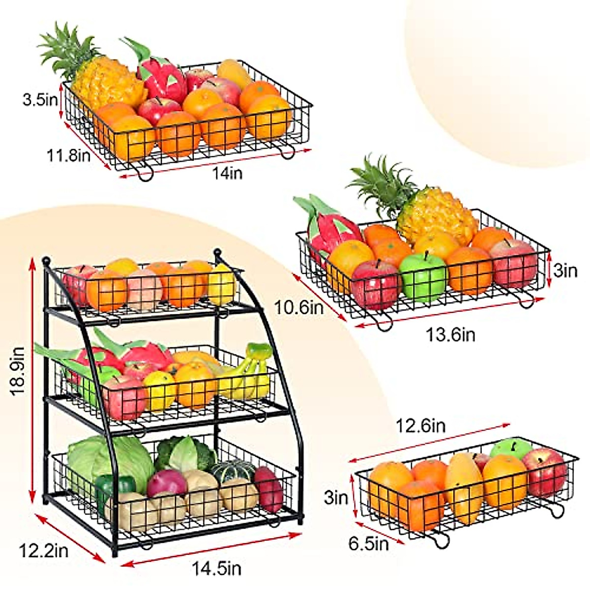 Fruit Basket for Kitchen Counter, 3-tier Fruit Holder Stand for Kitchen Countertop, Large Capacity Fruit Bowl Baskets for Kitchen Counter, Wire Baskets for Storage of Snack Produce Potato Onion