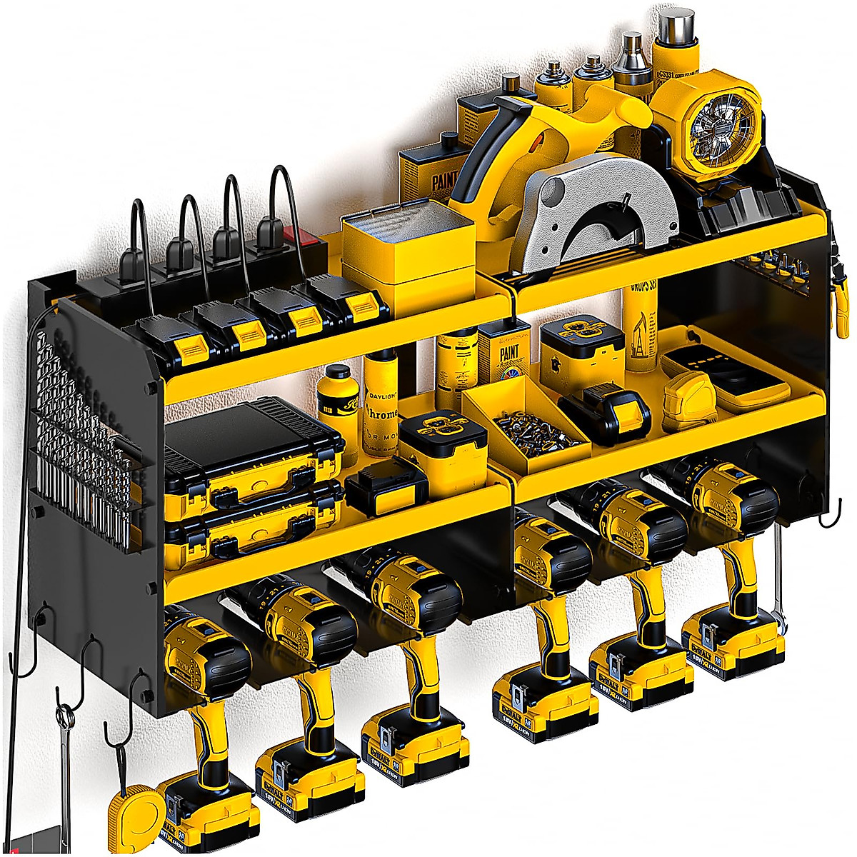 Spampur Power Tool Organizer Wall Mount with Charging Station, Garage Tool Shelf 6 Drill Holders, Tool Battery Holder with Screwdriver Heavy Duty Rack, Tool Storage Rack with 4 Outlet Power Strip