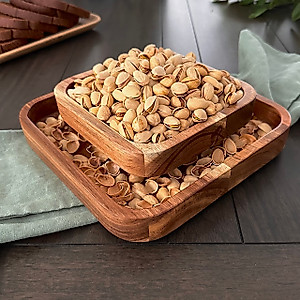 Penko Acacia Pistachio Snack Bowl Double Dish Holder Bowl Pedestal and Sunflower Seed Nut Bowl with Shell Storage