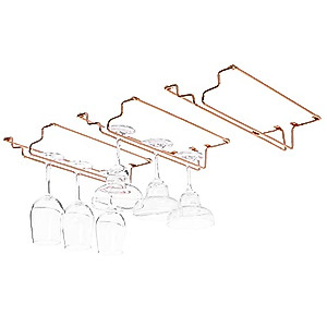 MyGift Modern Copper Tone Metal Frame Under Cabinet Stemware Wine Glass Holder, Stemmed Flute, Champagne, Red, White Wine Glass Hanger Rack, Set of 3