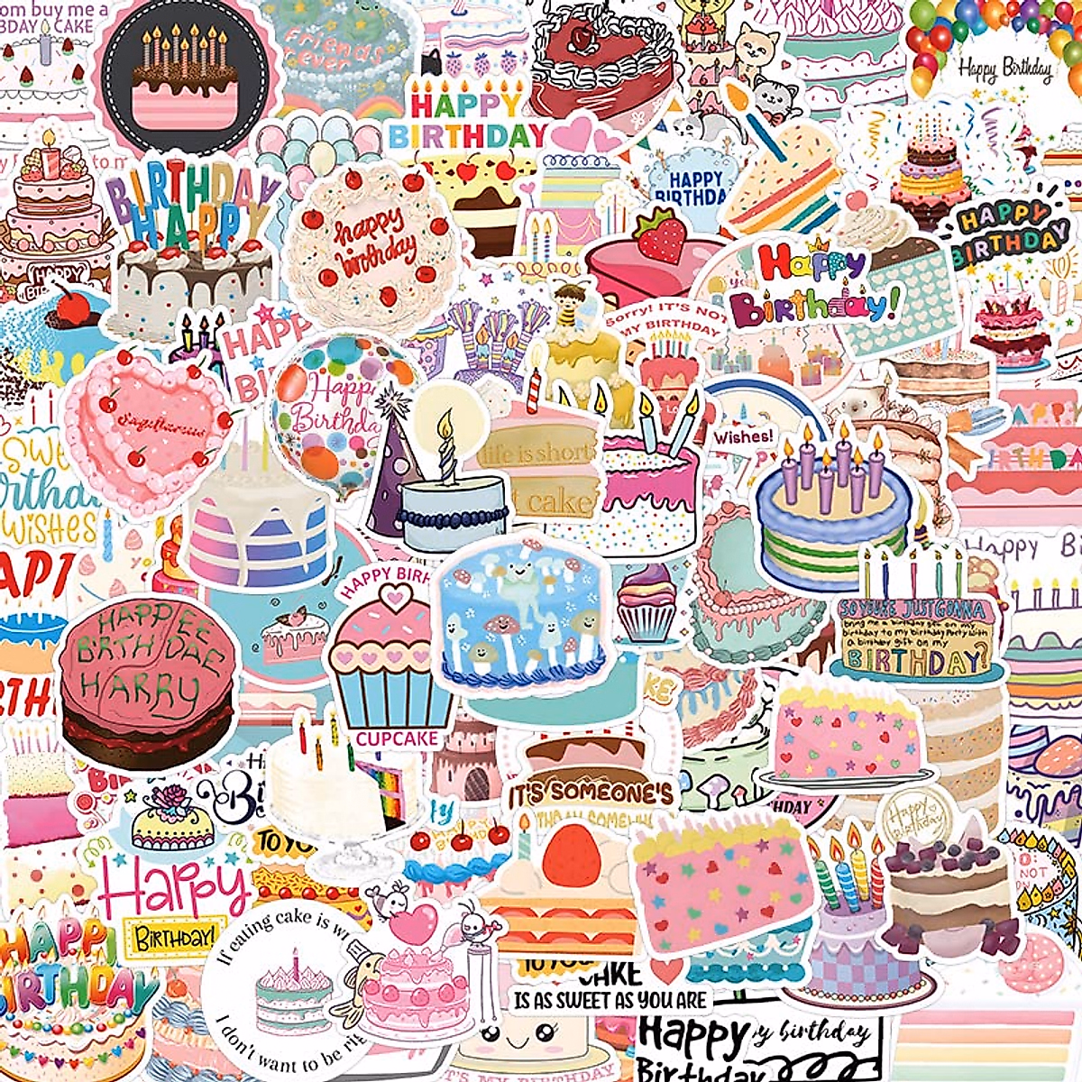 106Pcs Happy Birthday Cake Stickers Pink Birthday Party Cake Stickers Waterproof Decals for Teens Girls Boys Kids Waterproof Vinyl Stickers for Laptop Tablet Phone Hydroflasks Water Bottle (Happy Birthday Cake)
