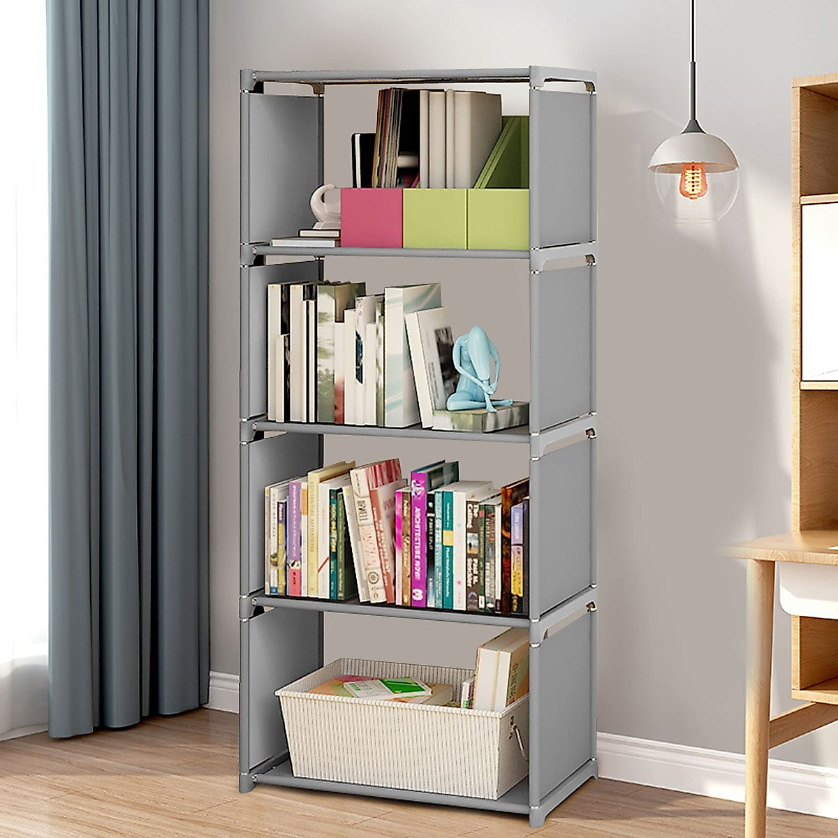 4-Tier Waterproof Cube Storage Shelf Organizer for Bedroom, Living Room, Ideal for Small Spaces Diy, Can Be Used as Bookshelf, Bookcase, Closet, Pantry Shelves and Many More (Metal &Woven Fabric)