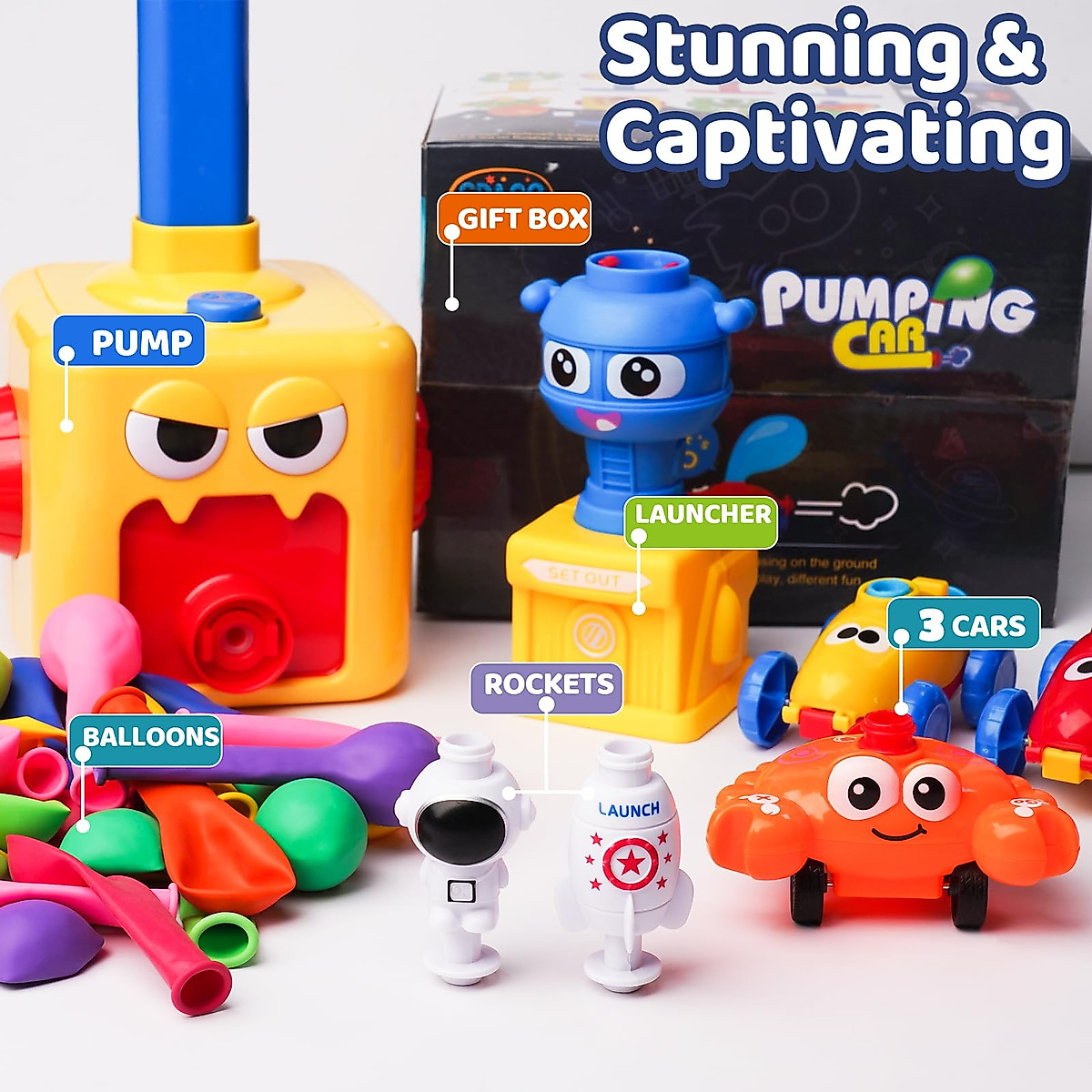 LiKee Balloon Powered Toys Monster Face Pump for 3+ Year Old Boys Girls, Car Racers Birthday Party Supplies Preschool Educational Science STEM Toys with Manual Balloon Pump for Kids