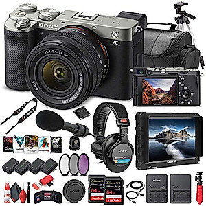 Sony Alpha a7C Mirrorless Digital Camera with 28-60mm Lens (Silver) ILCE7CL/S + 4K Monitor + Headphones + Pro Mic + 2 x 64GB Memory Card + 3 x NP-FZ-100 Battery + Corel Photo Software + More (Renewed)