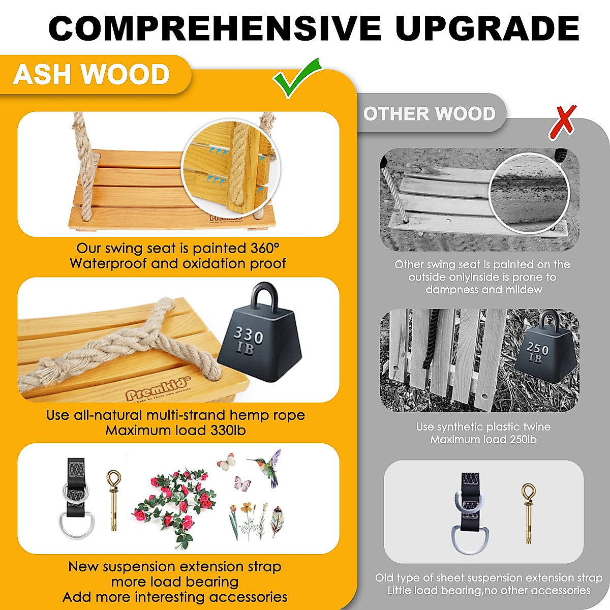 Premkid Wooden Swing, Swing Seat 18"x 8"x 1.4", Tree Swing for Adults and Kids, Indoor Swing with Rose Garland, Adjustable Hemp Rope Plus Tree Straps 100 inch, Swing Set for Indoor Outdoor