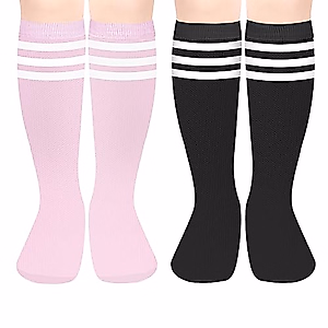Gotneto Soccer Socks for Kids, Toddler, Cotton Knee High Three Stripes Tube Socks for Boys, Girls, Sports, Pink White & Black White One Size