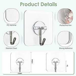 MEILIDY Adhesive Hooks, Transparent Self Adhesive Wall Hooks Heavy Duty Removable Waterproof Clear Plastic Sticky Hooks Seamless Utility Hooks for Bathroom Shower Kitchen Ceiling - 12 Pcs