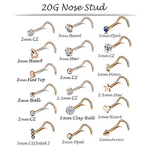 Tornito 20G 38Pcs Stainless Steel Nose Screw Studs Rings CZ Hoop Tragus Cartilage Nose Ring Labret Nose Piercing Jewelry for Men Women (A02:38Pcs, Rose Gold Tone)