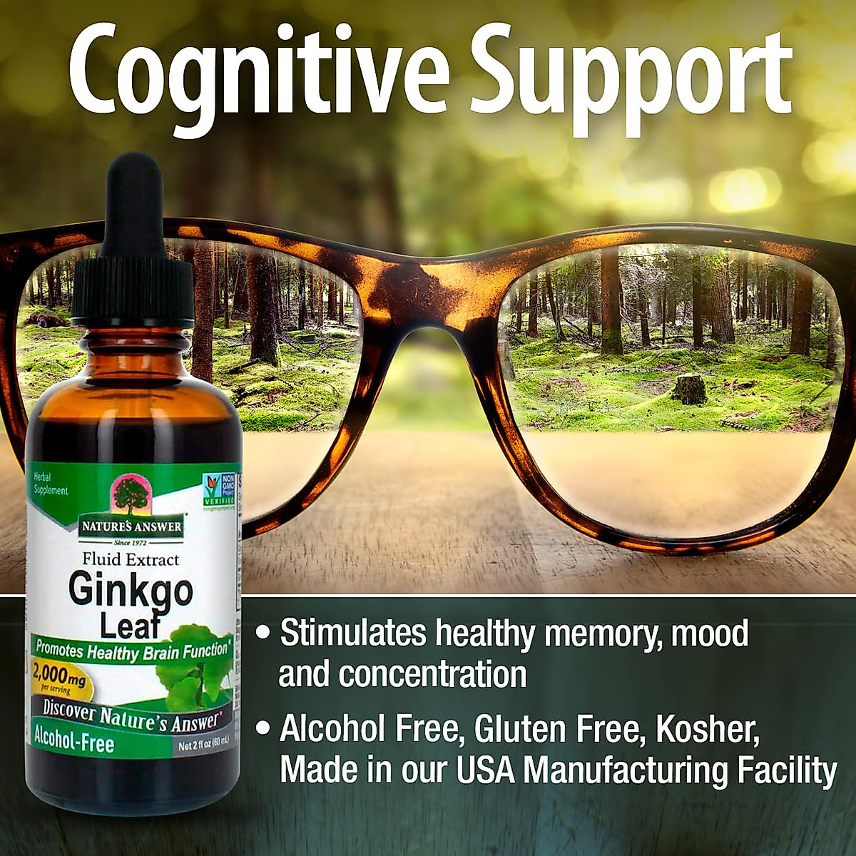 Nature's Answer Alcohol-Free Ginkgo Leaf 2000mg 2oz Extract | Stimulates Memory, Mood & Concentration | Gluten-Free, Kosher Certified & No Preservatives | Single Count