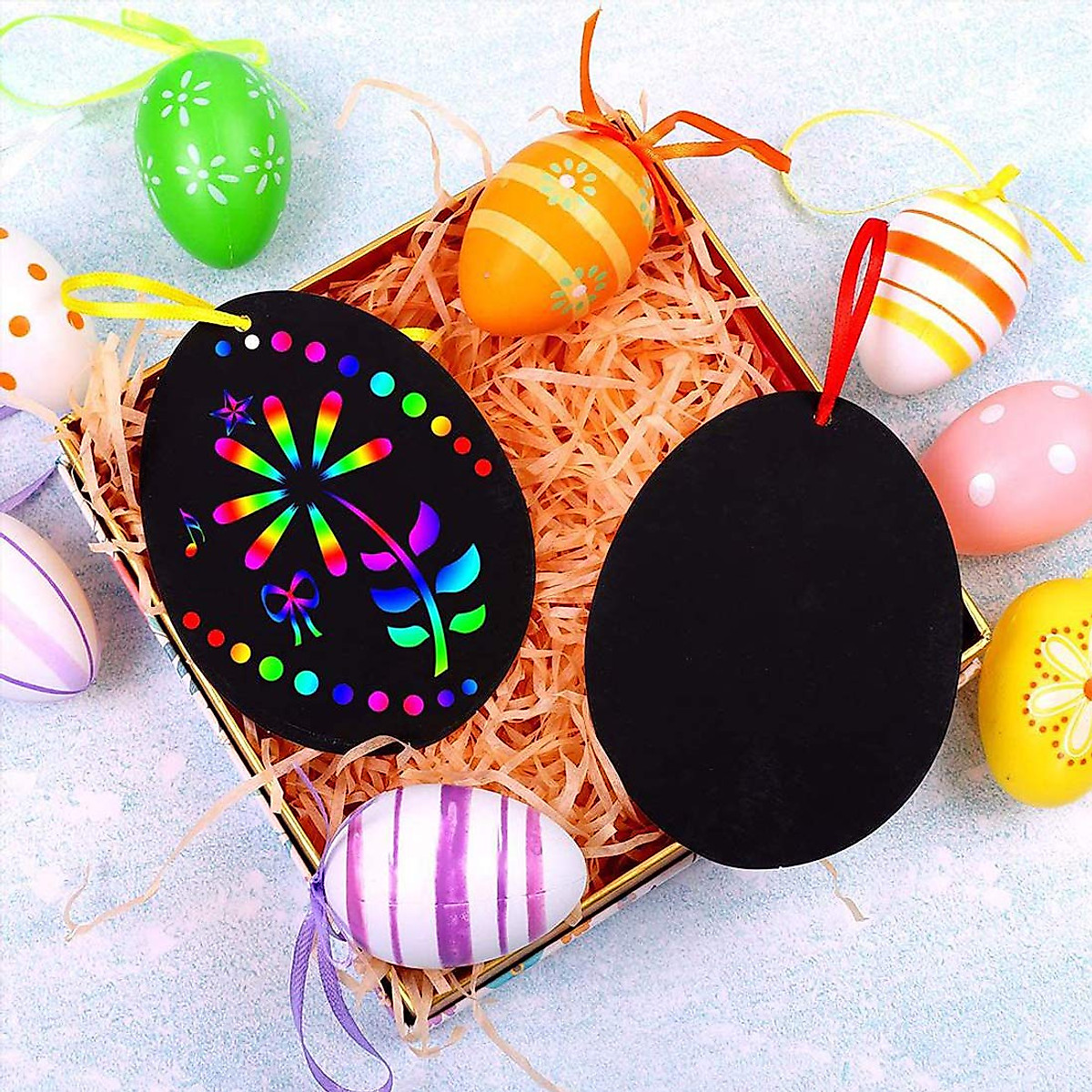 Easter Scratch Paper, 24PCS Easter Egg Scratch Paper Rainbow Art Set for Easter Day Ornaments Hanging Craft