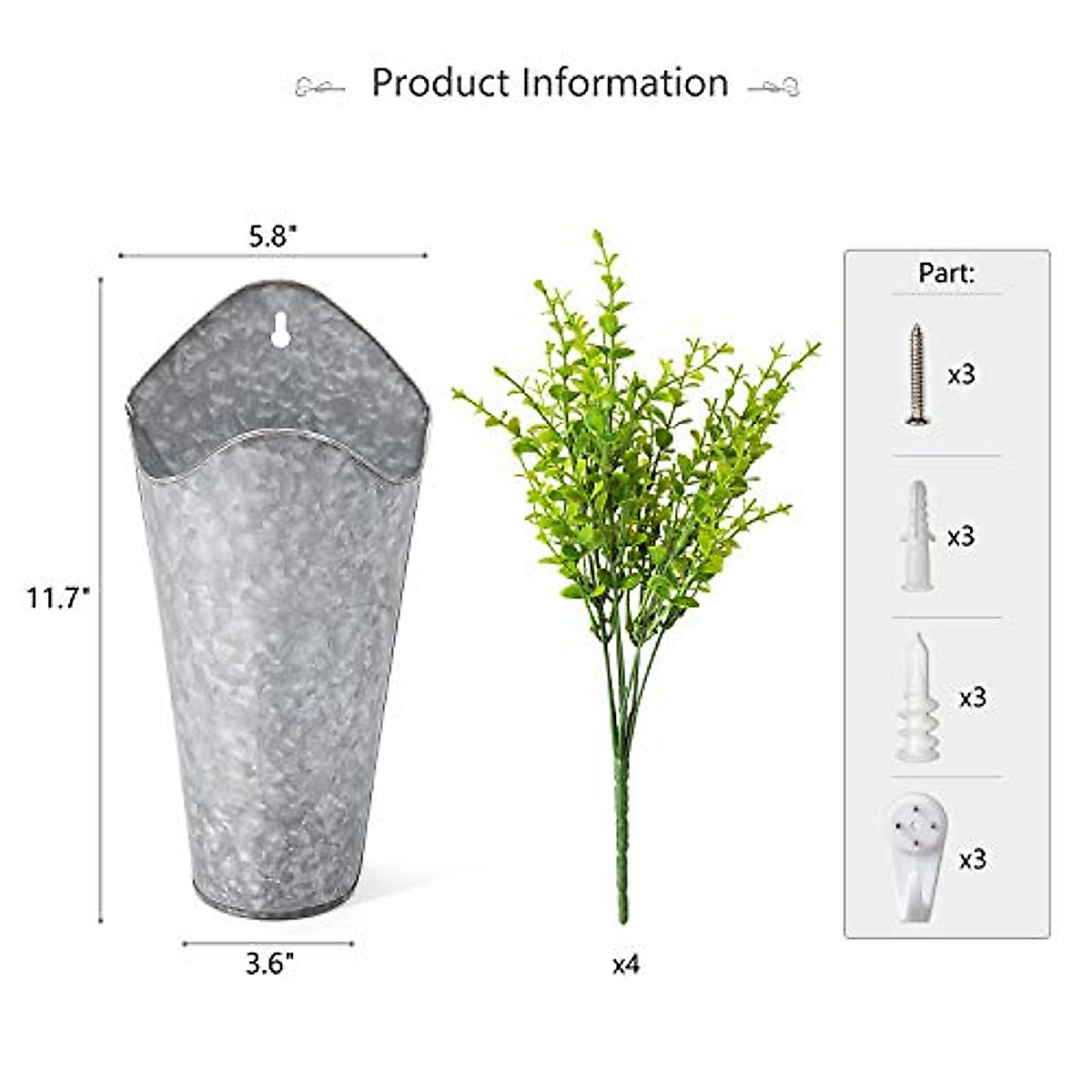 Dahey 2 Pack Galvanized Metal Wall Planter with Artificial Eucalyptus Farmhouse Decor Hanging Wall Vase Planters Flowers Holder for Country Rustic Home Wall Decor,Silver