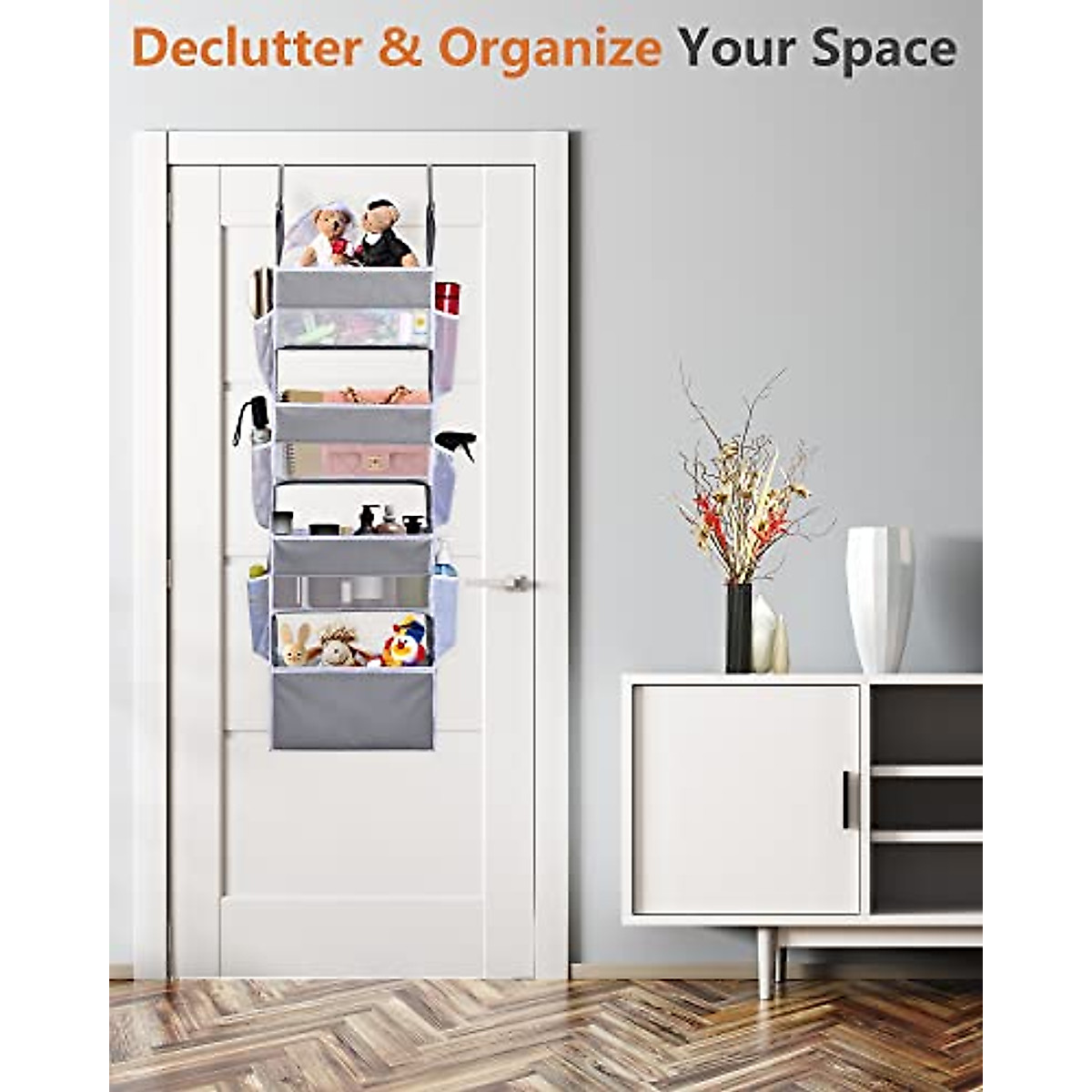 ULG Over Door Organizer with 4 Large Pockets 6 Mesh Side Pockets, 33 lbs Weight Capacity Hanging Storage Organizer with Clear Window for Bedroom Nursery, Baby Kids Toys, Diapers, Light Grey (1 Pack)