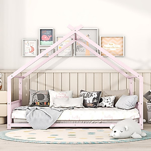 Favfurish Metal Full Size House Bed with Roof and Slats Support,Playhouse Design Montessori Floor Bed Frame W/Headboard & Footboard,No Box Spring Needed,for Kids Girls Boys,Pink