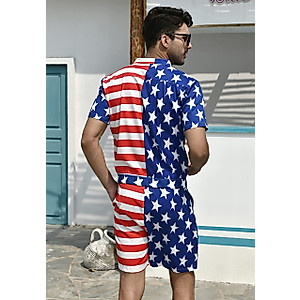 RAISEVERN Men's Rompers Male Zipper Jumpsuit Shorts Flag Independence Day 4th of July One Piece Romper Slim Fit Bro Short Sleeve Shirt Outfits