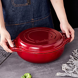Bruntmor 2-in-1 Pre-Seasoned Cast Iron Pan |Cocotte Double Braiser Pan with Grill Lid 3.3 Quarts - Barbecue Grill Non Stick Frying Pan - Nonstick Cookware Set with Wide Handle (Red)