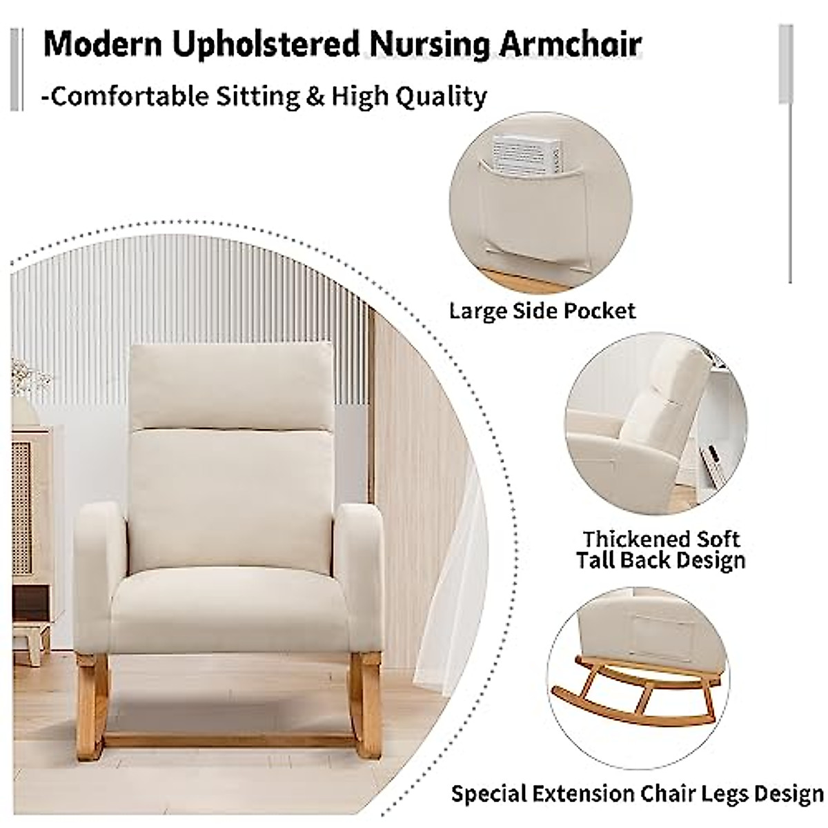 HOMYKA Rocking Chair Nursery Upholstered Glider Chair with Rubber Wood Legs Side Pocket, Rocker Accent Armchair for Living Room,Beige