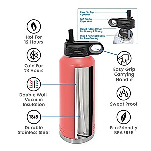 Polar Camel Personalized Water Bottles 32oz with Flip-Top Lid and Straw, Customized Vacuum Insulated Flask, Stainless Steel Sports Double Wall Thermos, Your Logo Name and Text Engraved in USA(Coral)