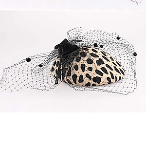 F FADVES 100% Australian Wool Pillbox Hat Black Veil Fedora Lepoard Print Fascinator