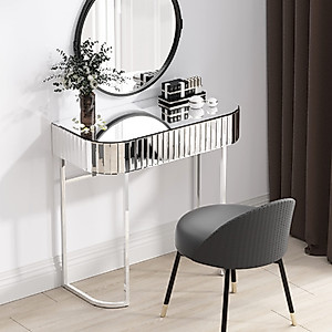 intahic Mirrored Dressing Table Makeup Vanity Table Mirrored Console Table Stainless Steel Base Frame with 1 Drawer for Women Home Office Desk bedroom furniture (A-mirrored)