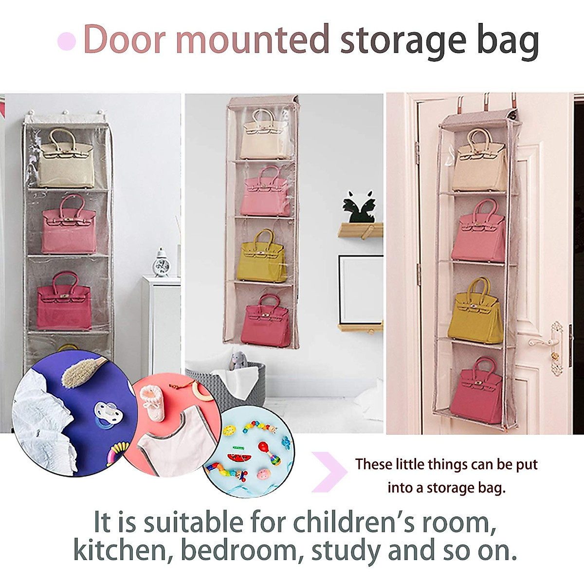 Handbag Organizer Storage Purse Bag Hanger with 4/5 Easy Access Deep Pockets Fully Sealed with Zipper dust-Proof for Closet Wall…(Gray, 4 Pockets)