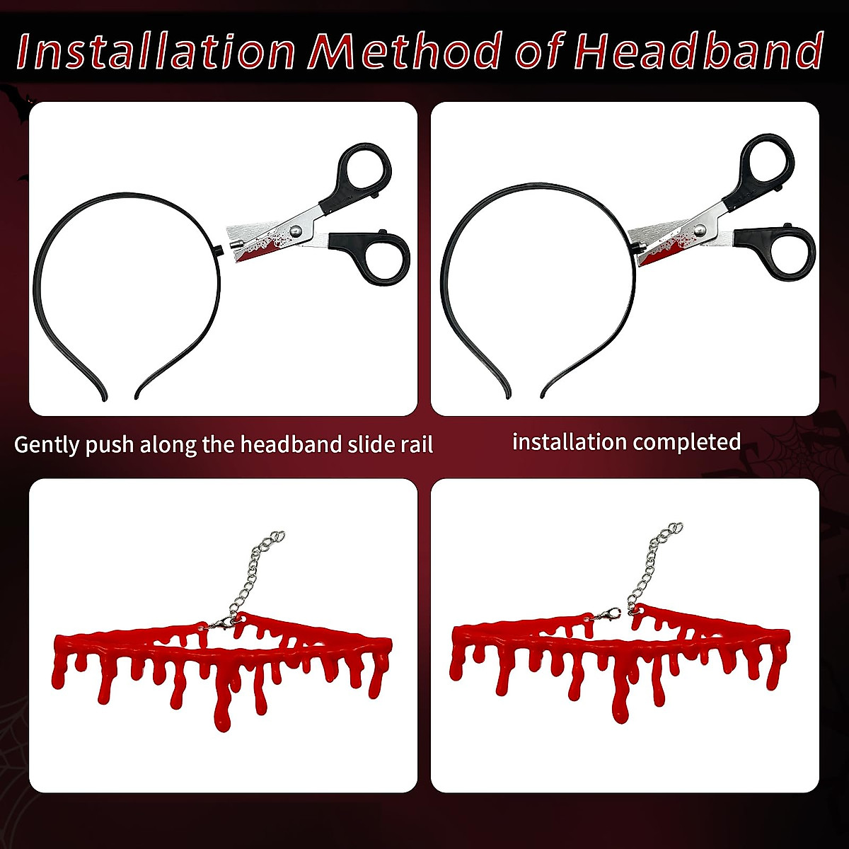 LZAOA 2 Pcs Halloween Fake Knife Through Head Headbands Kit, Fake Scissor Headband and Fake Blood Necklace Set, Theme Party Costume