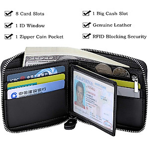 Huztencor Wallet with Zipper for Men RFID Blocking Wallets for Men Leather Zip Around Bifold Multi Card Holder Purse Carbon Fiber Black