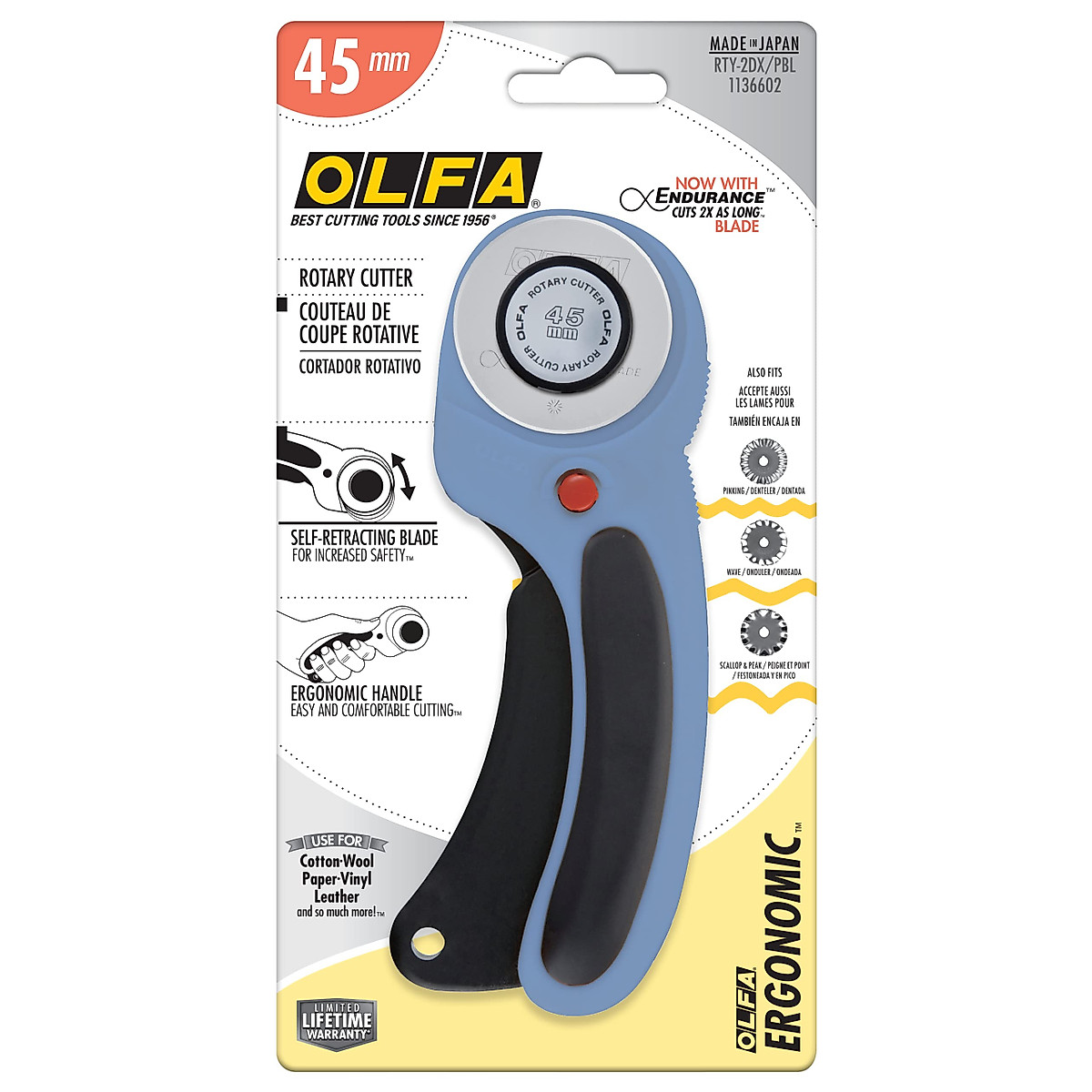 OLFA 45mm Ergonomic Rotary Cutter (RTY-2DX/PBL) - Rotary Fabric Cutter w/ Blade Cover & Squeeze Trigger for Crafts, Sewing, Quilting, Replacement Blade: OLFA RB45-1 (Pacific Blue)