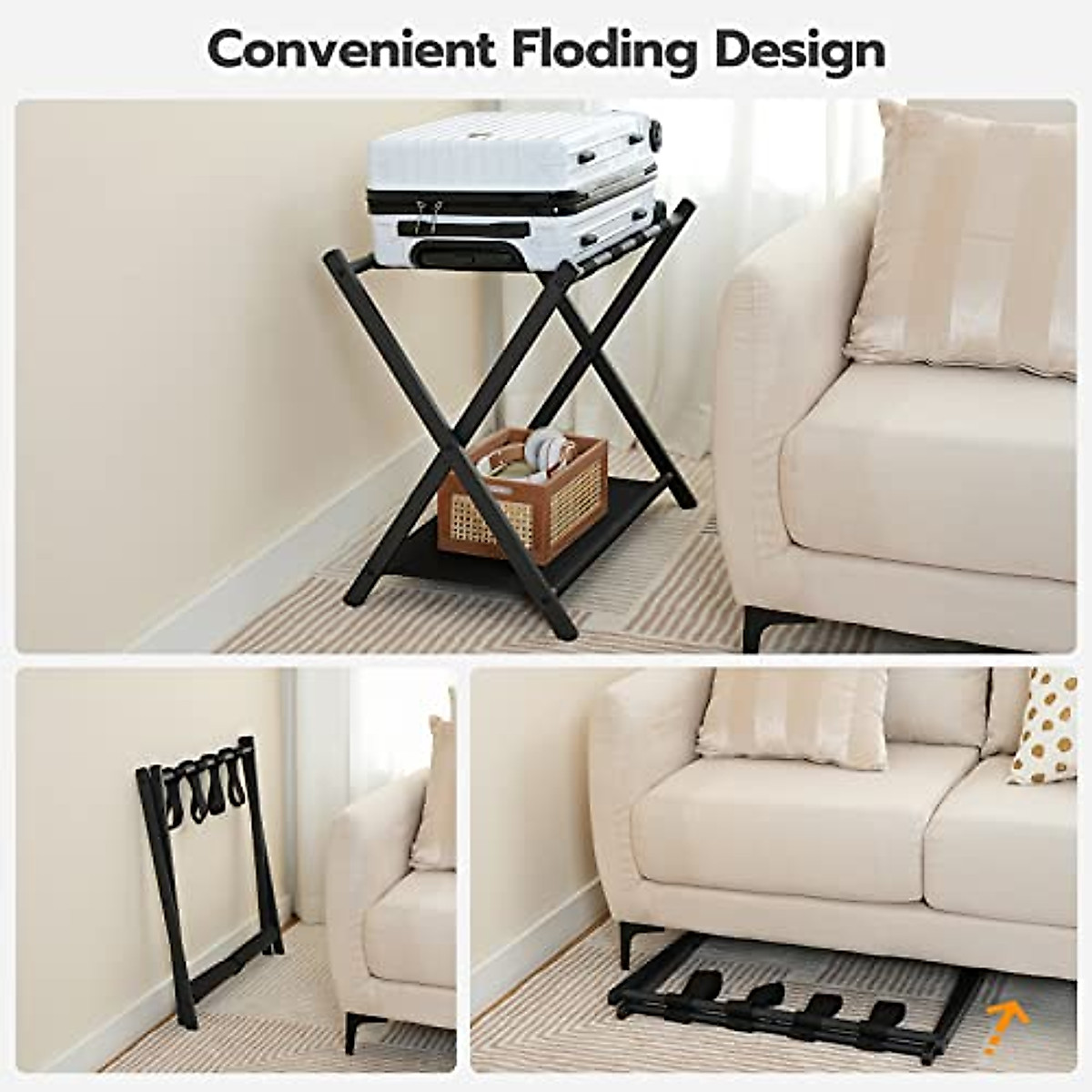 HOOBRO Folding Luggage Racks, Set of 2, Metal Suitcase Stands with Fabric Storage Shelf for Guest Room, 25.4 x 16.5 x 24.2 Inches, Holds up to 100 lb, Closet, Hotel, Bedroom, Black BK05XLP201