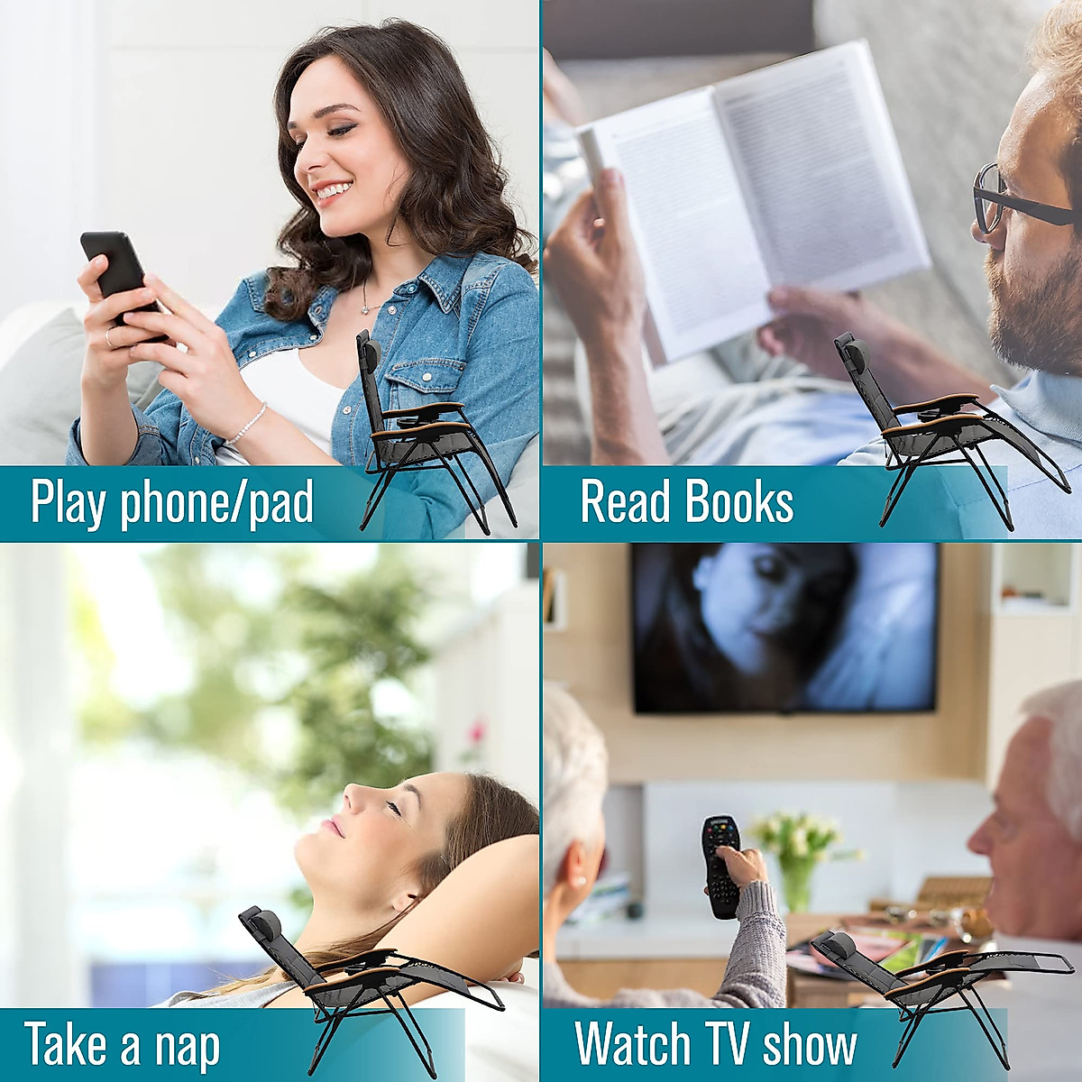 PHI VILLA Oversized Padded Zero Gravity Chair, Folding Outdoor Patio Recliner, XL Anti Gravity Lounger for Backyard w/Headrest, Cup Holder, Side Tray, Grey