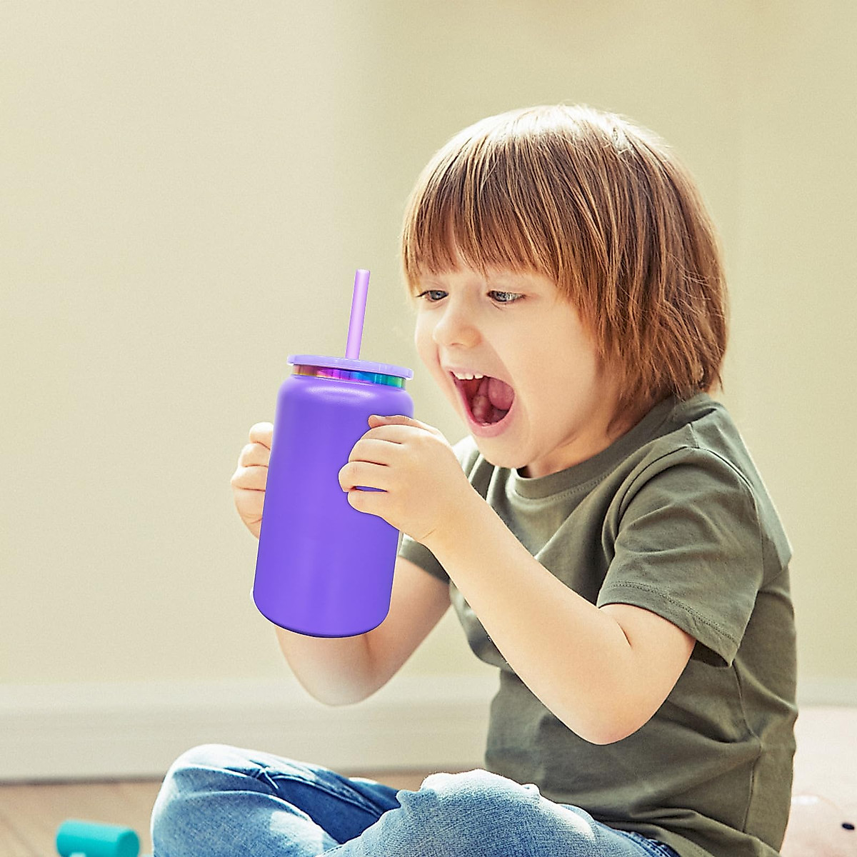 Glass Cups with Lids and Straws, 16 oz Stainless Steel Cups, Insulated Skinny Tumbler, Powder Coated Travel Mugs for Laser Engrave, Iced Coffee Cup for Smoothie Water DIY Gift (Purple,1 pack)