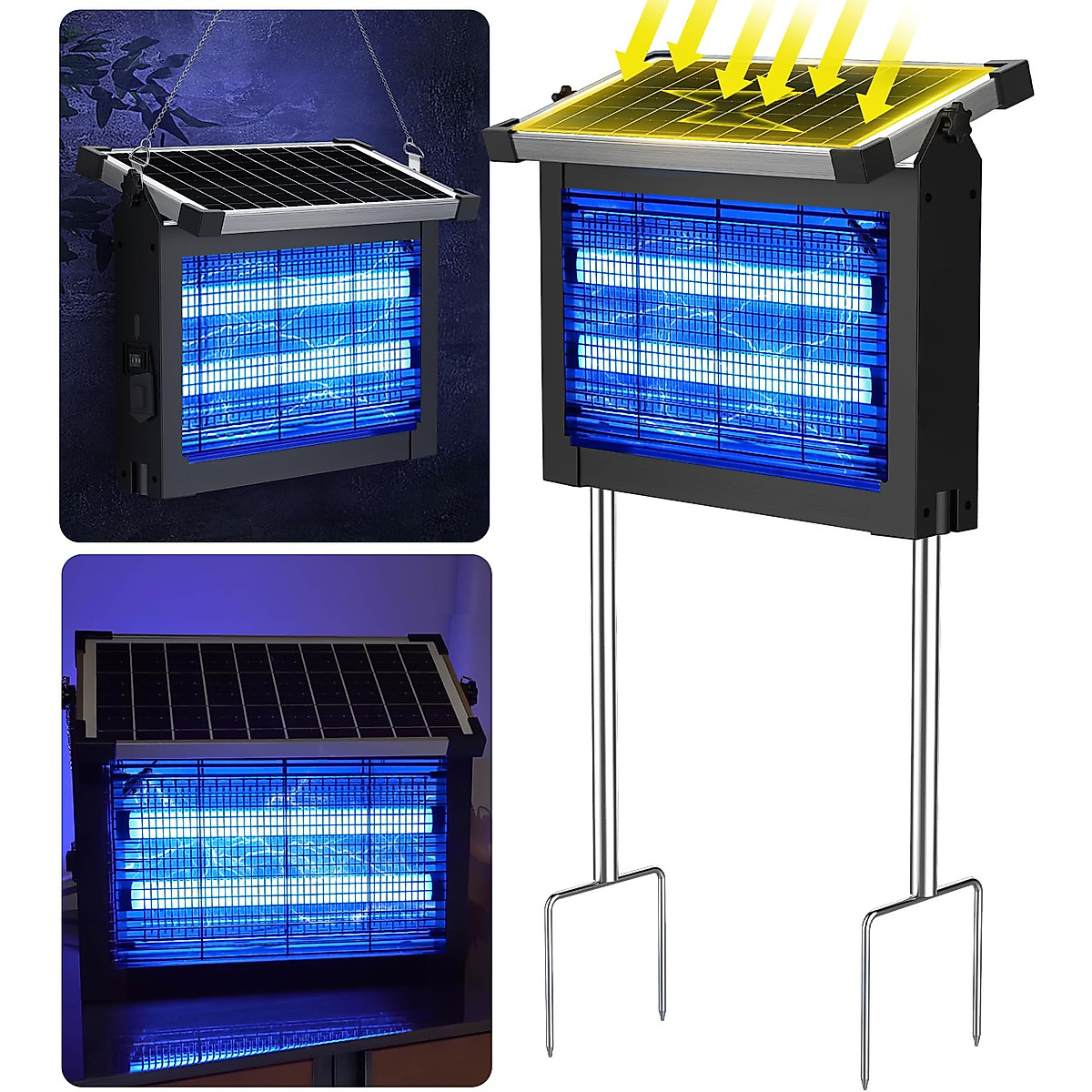 Bug Zapper Outdoor Solar Powered, Zwiran Mosquito Zapper Indoor with 4500V High Powered, Electric Fly Zapper with Extension Cord and Grounding Bracket, Rechargeable Waterproof Mosquito Killer