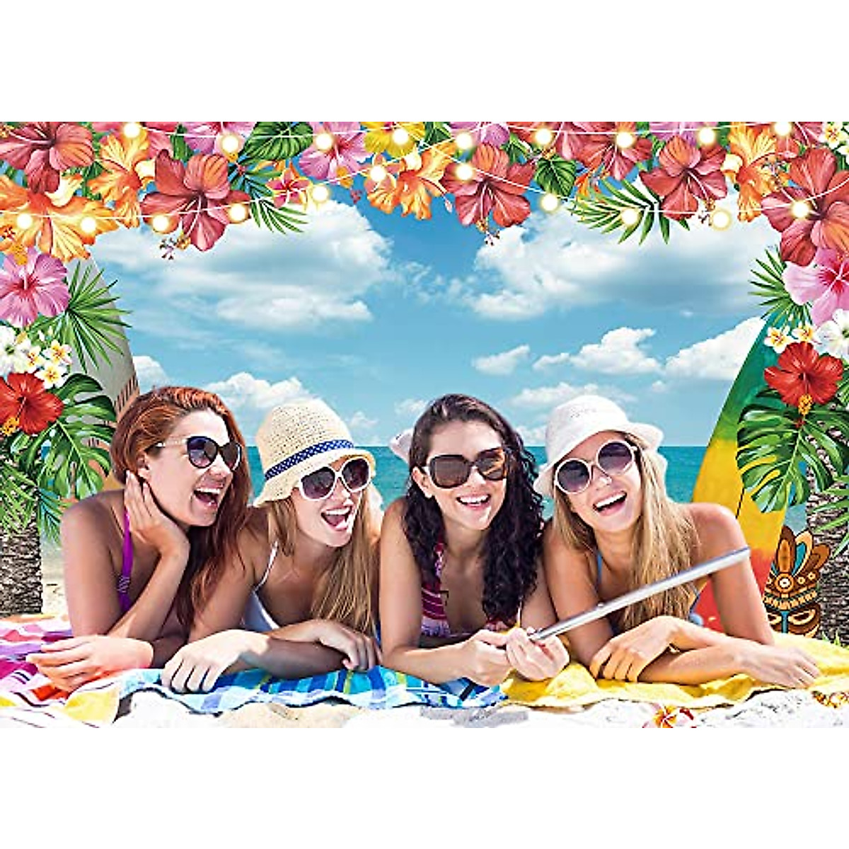 Summer Hawaii Beach Backdrop 7x5FT Aloha Tropical Palm Flower Blue Sky Ocean Surfboard Hawaiian Photography Background Baby Shower Birthday Party Decor Luau Photoshoot Tiki Photo Booth Props