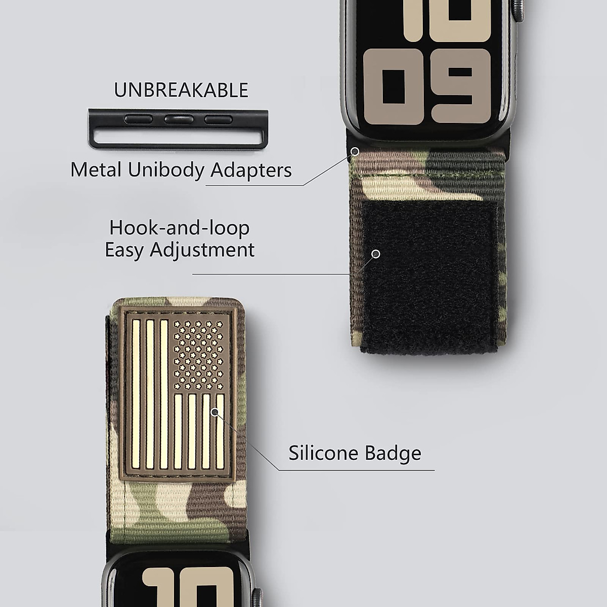 Tefeca Fortitude Series USA Flag Ultrawide Band Compatible with Apple Watch Ultra 2/Ultra 49mm, Series 10 46mm, Series 9/8/7 45mm, SE2/SE/6/5/4 44mm(Camo, XL for 49mm/46mm/44mm/49mm)