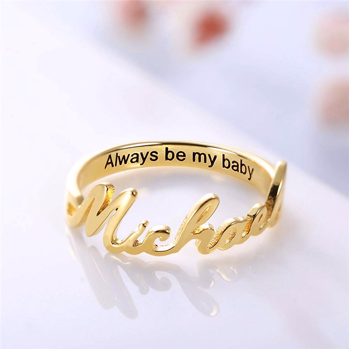 LONAGO Personalized Name Ring Custom Name Plate Stacking Ring Engrave Word Name Initial Ring for Women (Sterling Silver,Yellow Gold Color)