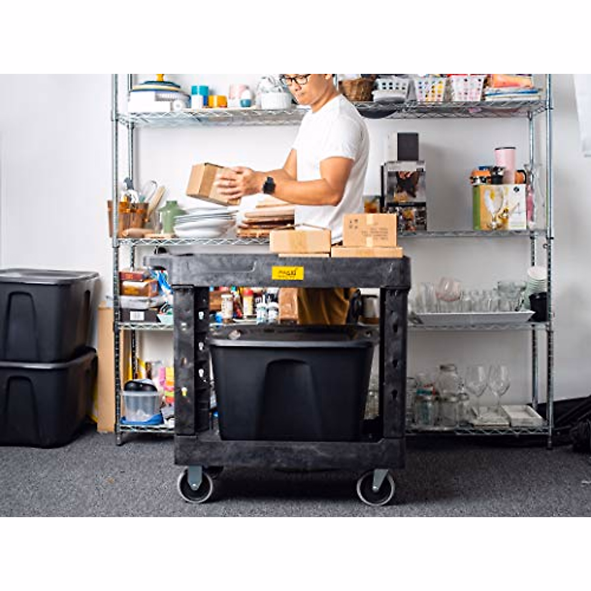 550lb Capacity Heavy Duty Plastic Utility Cart 34-1/2" L x 16-3/4" W with Handle 2 Shelves Pake Handling Tools