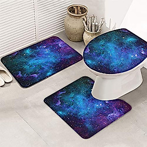3 Piece Bath Rugs Sets, Colorful Starry Sky Universe Galaxy Non Slip Bathroom Carpet, Water Absorbent U-Shaped Toilet Mat, Toilet Lid Cover