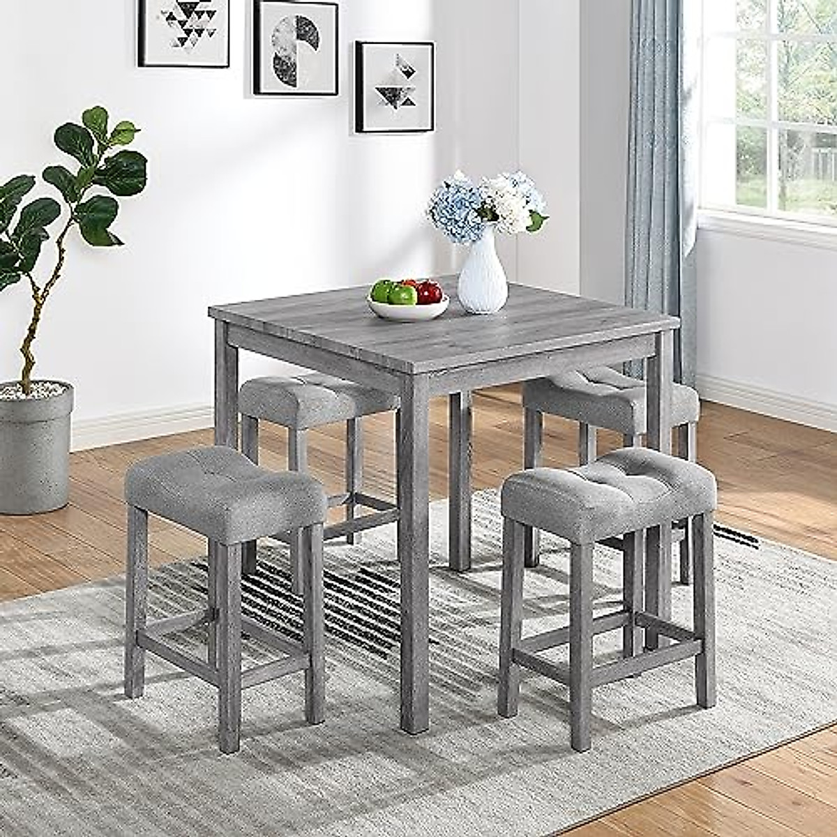 PEIHONGET 5-Piece Dining Table Set,Modern Bar Table and Chairs Set with Linen Fabric Cushions,Kitchen Breakfast Table Set with Solid Wood Legs, for Living Room, Dining Room,Game Room (Gray)