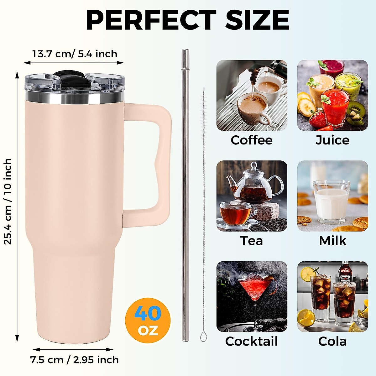 LATTPLYN 40 oz Tumbler with Handle and Straw Lid Insulated Cup Stainless Steel Water Bottle Travel Mug Gifts for Women Men Kids Trek Collection Thermoses Apricot