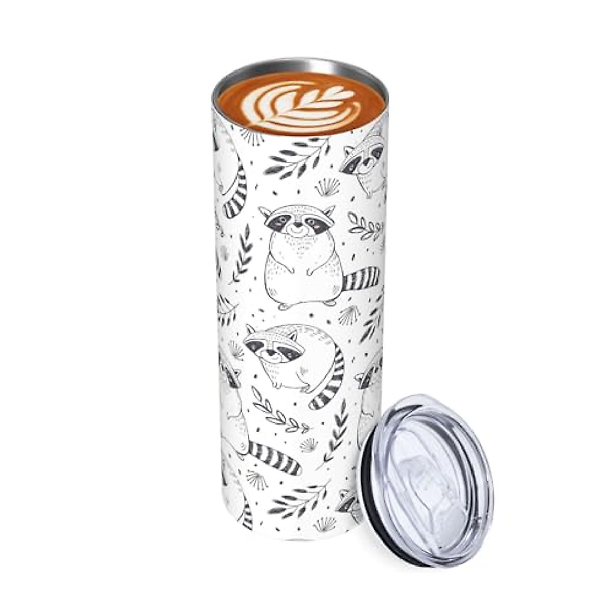 AFHYZY 20 oz Skinny Tumbler Reusable Coffee Travel Mug with Lids and Straws, Insulated Coffee Cups 20oz Stainless Steel Water Bottles Leak Proof for Home, Adults, Women - Raccoon