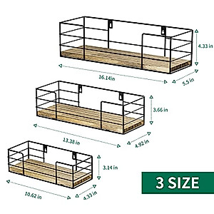 POTEY Floating Wall Shelves, Natural Wood Wire Frame Hanging Shelves for Bathroom, Living Room, Bedroom, Kitchen 3 Sets Light Brown