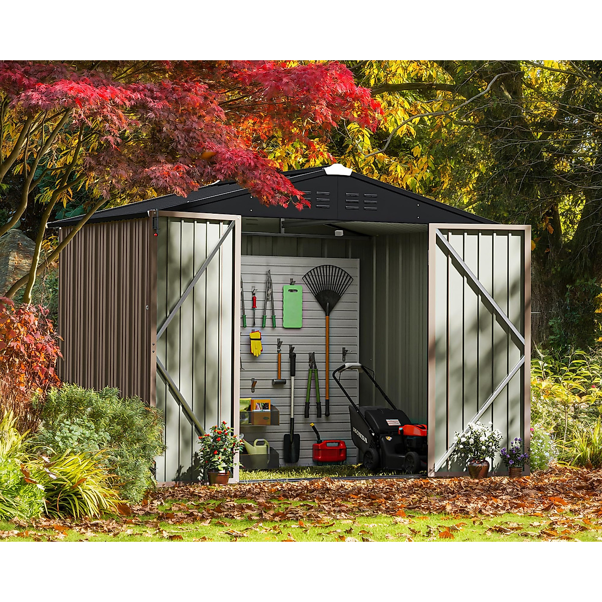 Greesum Metal Outdoor Storage Shed 8FT x 6FT, Steel Utility Tool Shed Storage House with Door & Lock, Metal Sheds Outdoor Storage for Backyard Garden Patio Lawn (8’x 6'), Brown