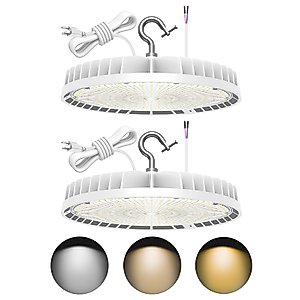 2 Pack 240W LED High Bay Light 240W 190W 140W Adjustable, 3000K 4000K 5000K Adjustable UFO High Bay Shop Light with Plug, 0-10V Dimmable 100-277V LED Factory Warehouse Lights, UL&DLC Listed, White