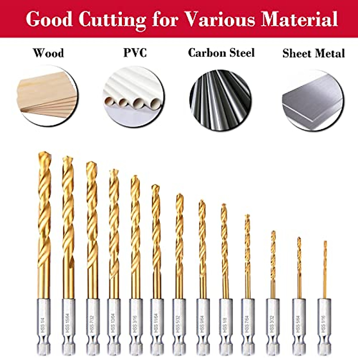 SATTDMAIC Hex Shank Drill Bit Set, 13+1pcs HSS Impact Drill Bit Set with Titanium Finish, 1/16”-1/4” for Wood, Plastic, Aluminum Alloy, Metal, Impact Driver Drill with Quick Change Adaptor