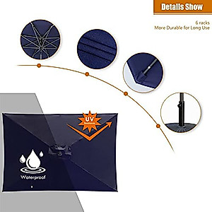 Aok Garden 6.5FT × 10FT Solar LED Lighted Patio Umbrella with Push Button Tilt and Sturdy Aluminum Ribs for Deck Lawn Pool & Backyard - Dark Blue