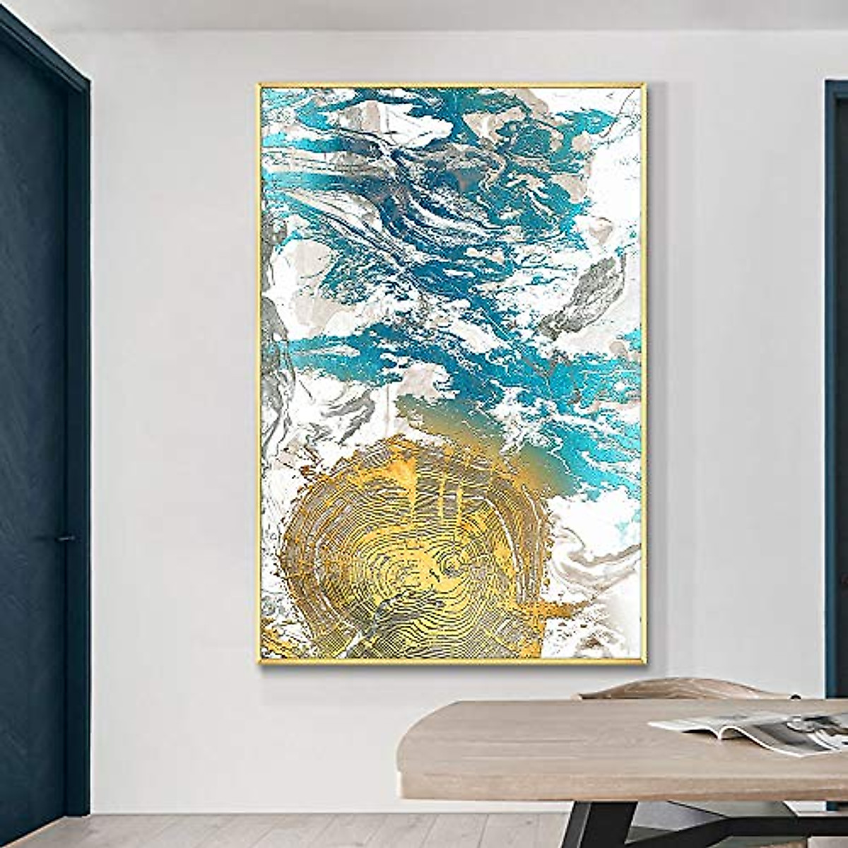 Abstract Blue with Gold Paintings Hand Painted Oil Painting On Canvas Fashion Modern Wall Art for Living Room,31inx47in,No Frame